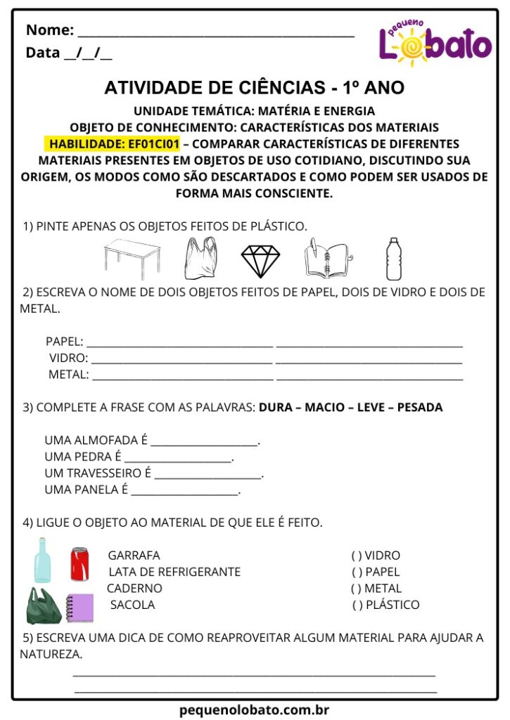 Atividades de Ciências para o 1º Ano – Características dos Materiais ...