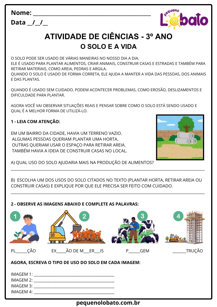 Atividades de Ciências 3º Ano - Características e Usos do Solo