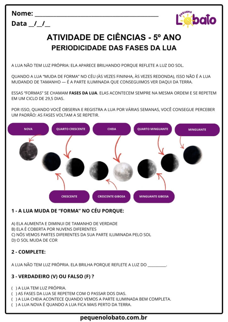 Atividades de Ciências 5º Ano – Periodicidade das Fases da Lua segundo a BNCC